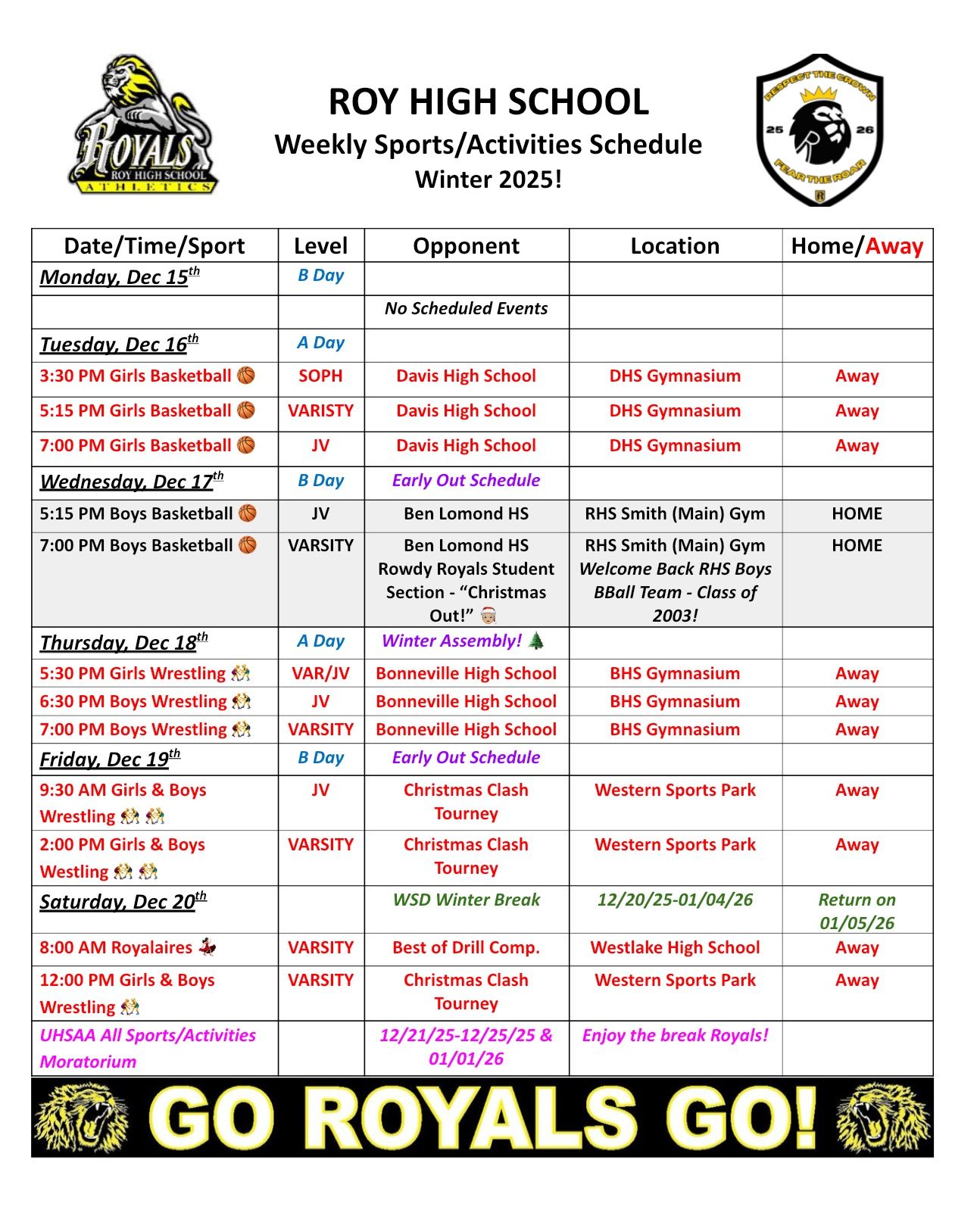 Weekly Sports Schedule - Roy High School