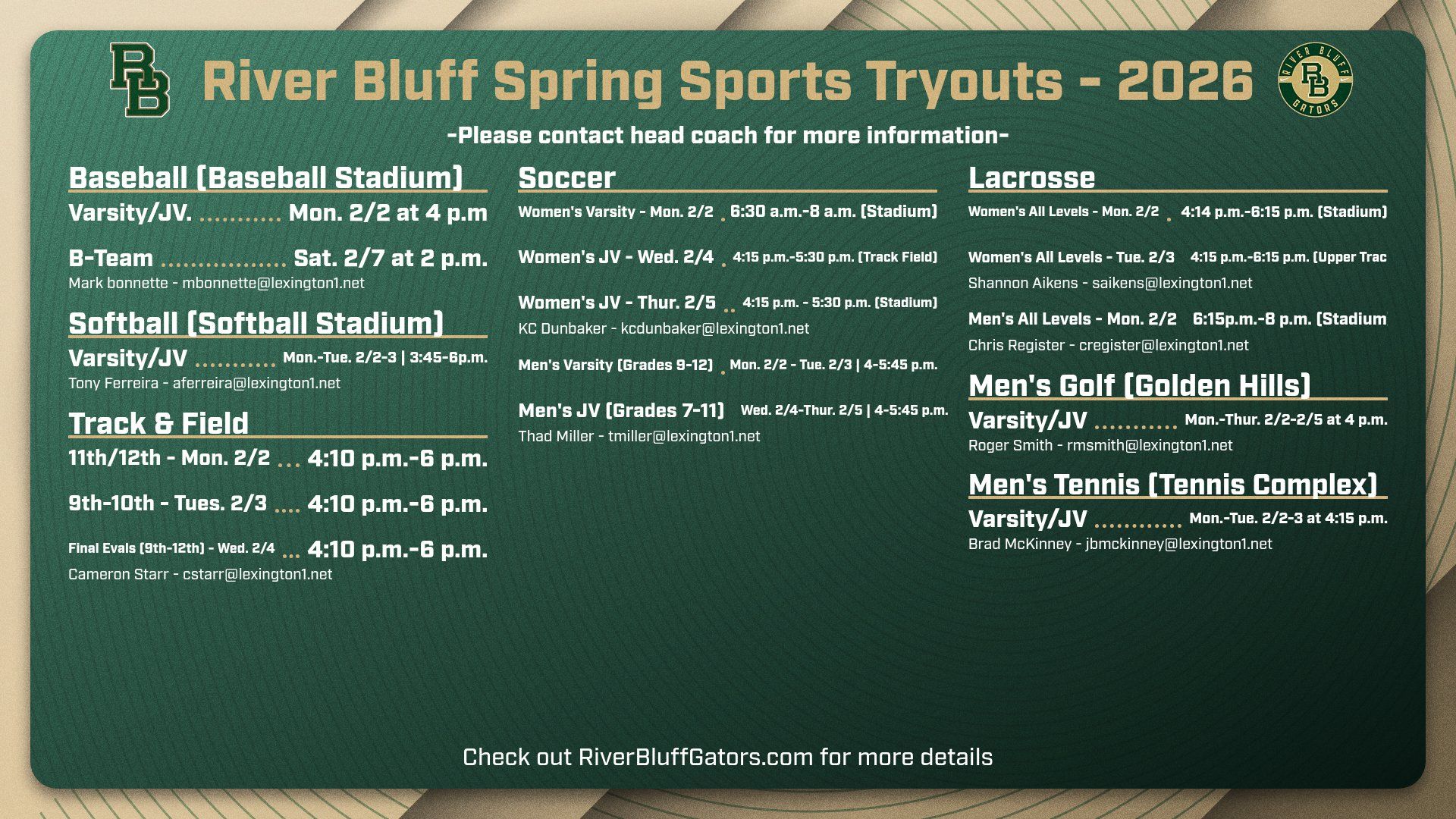 Gator Spring Sports Tryouts - Info Here - River Bluff